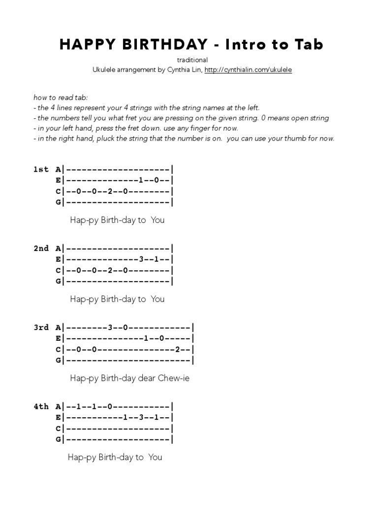 HAPPY BIRTHDAY Intro To Tab - Ukulele Chord Chart PDF | PDF