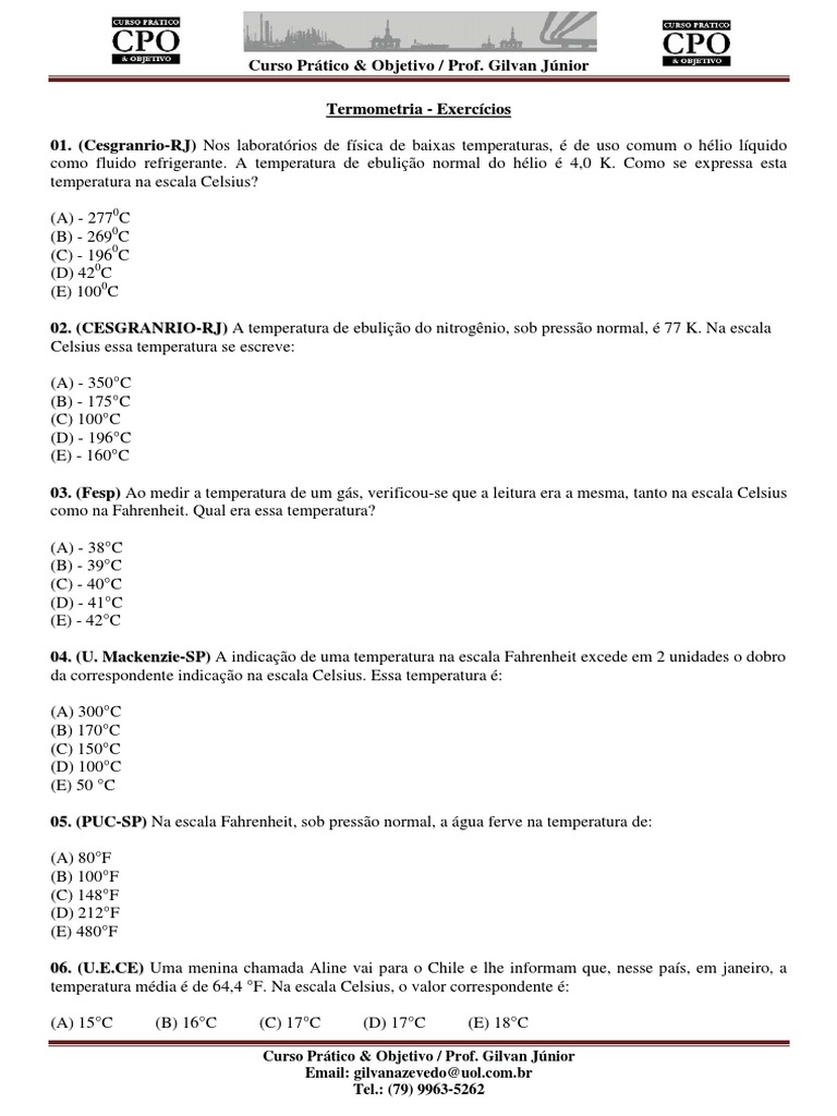 Exercícios de Termometria e Conversão de Escalas Termometricas | PDF ...
