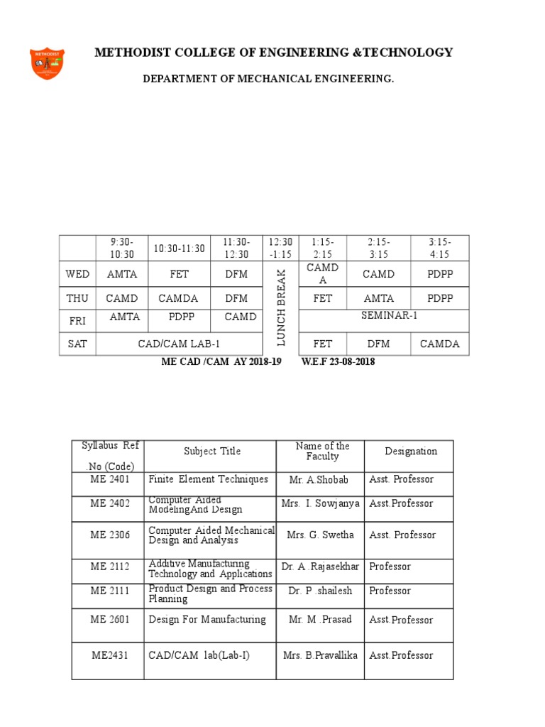 M.E Time Table I Sem Ay 2018-19 | PDF