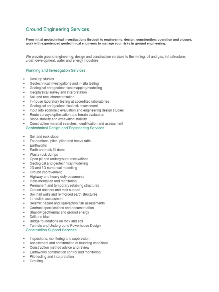 Ground Engineering Services: Planning and Investigation Services | PDF