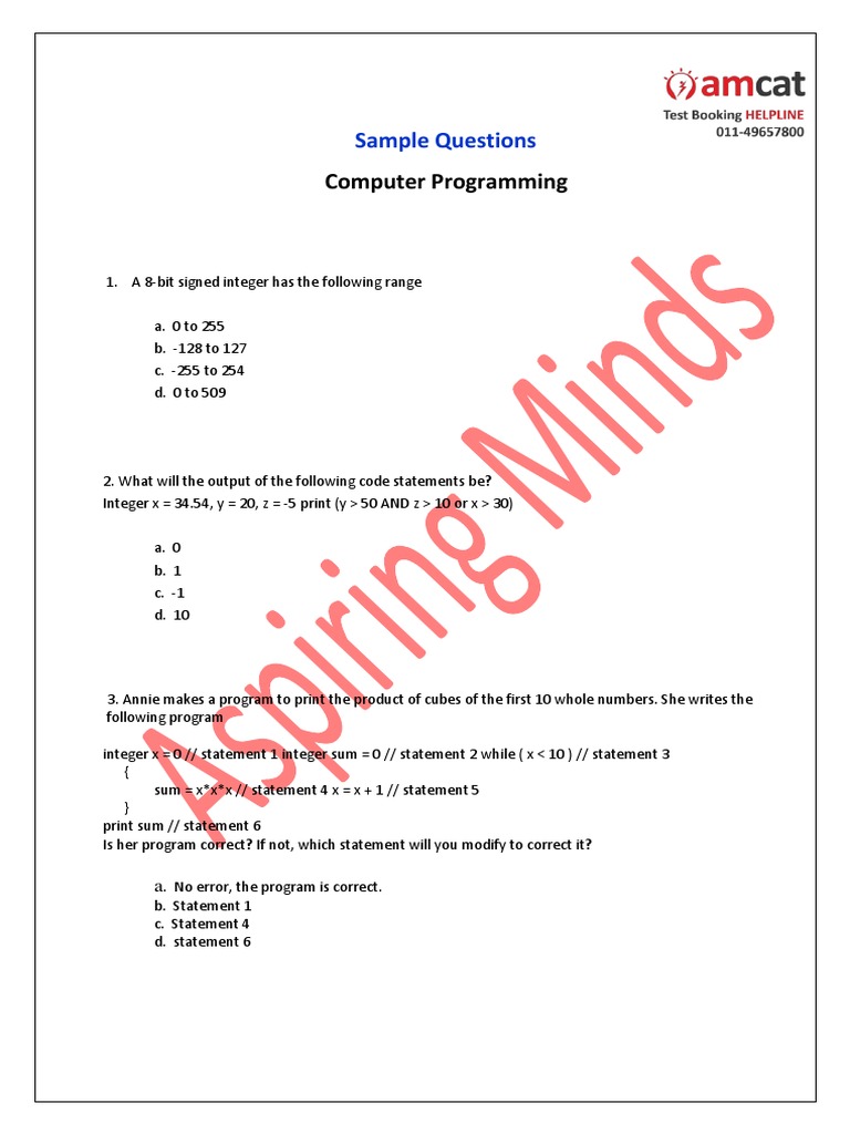 Computer Programming Sample Questions | PDF