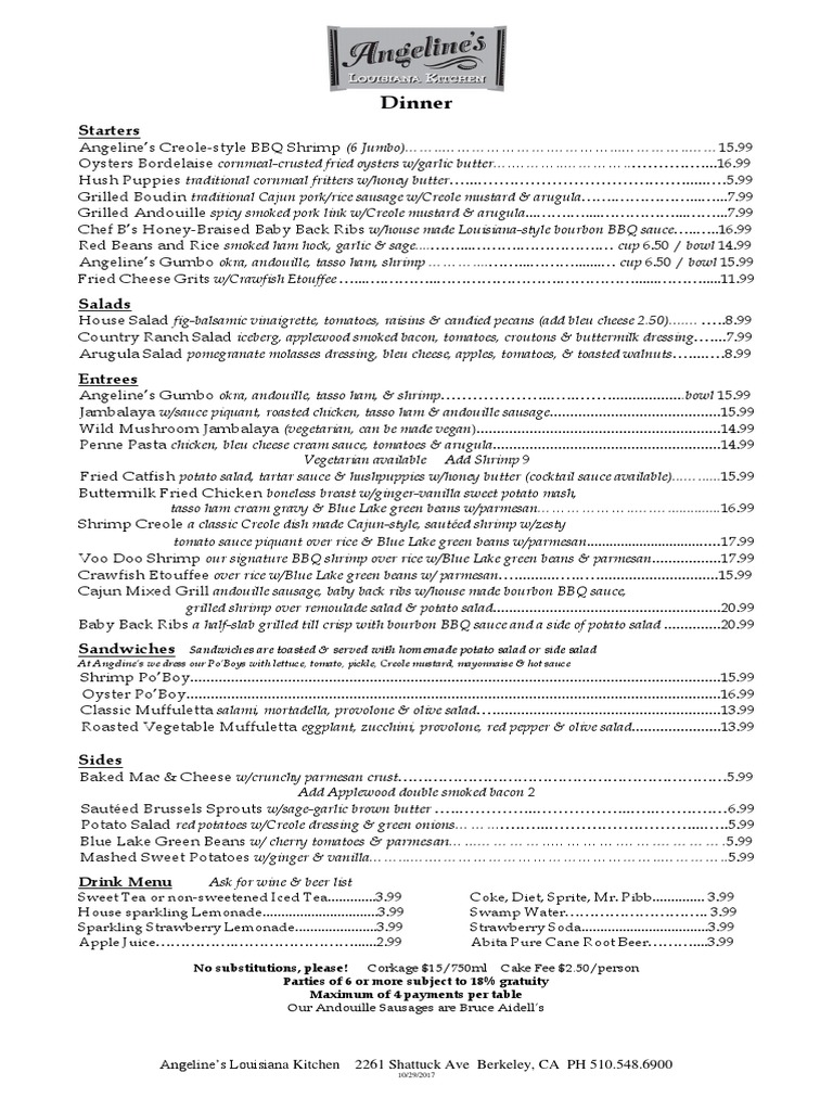 Angeline's Louisiana Kitchen Dinner Menu | PDF | Louisiana Creole ...