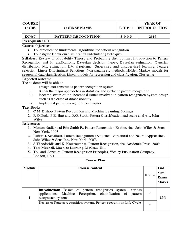 Ec 467 Pattern Recognition | PDF | Pattern Recognition | Statistical ...