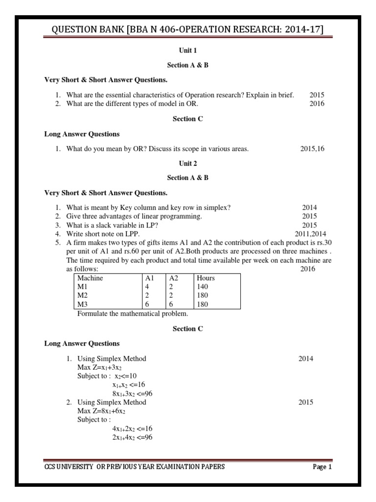 Question Bank (Bba N 406-Operation Research: 2014-17) : Very Short ...