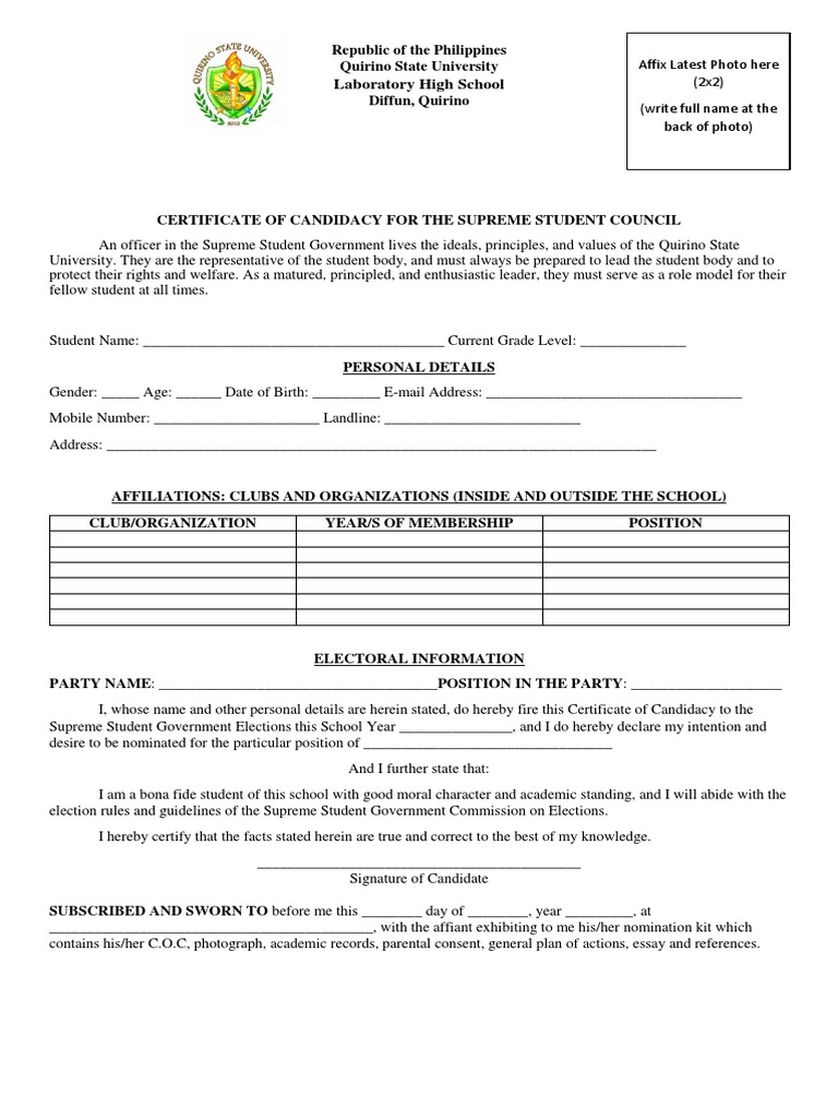 Certificate of Candidacy For SSG | PDF | Government | Social Institutions