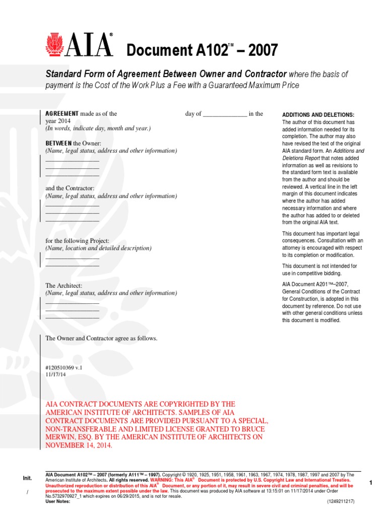 B 1 AIA Doc A102 2007 PDF | PDF | General Contractor | Specification ...