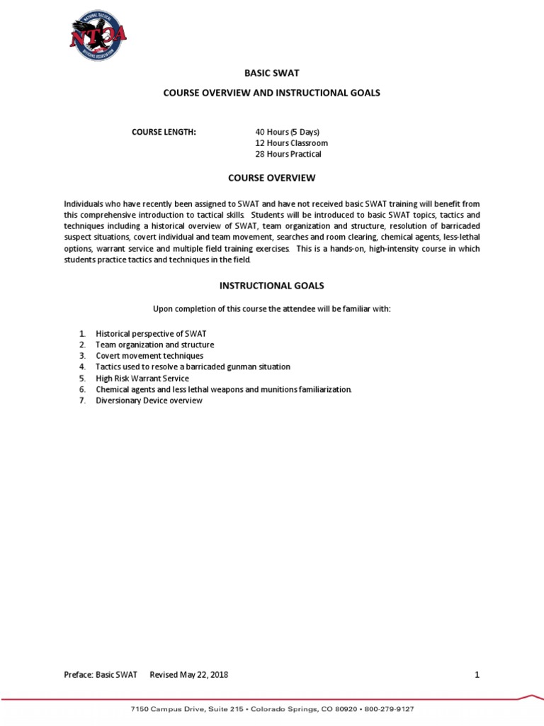 Basic Swat Course Overview and Instructional Goals | PDF | Swat | Equipment