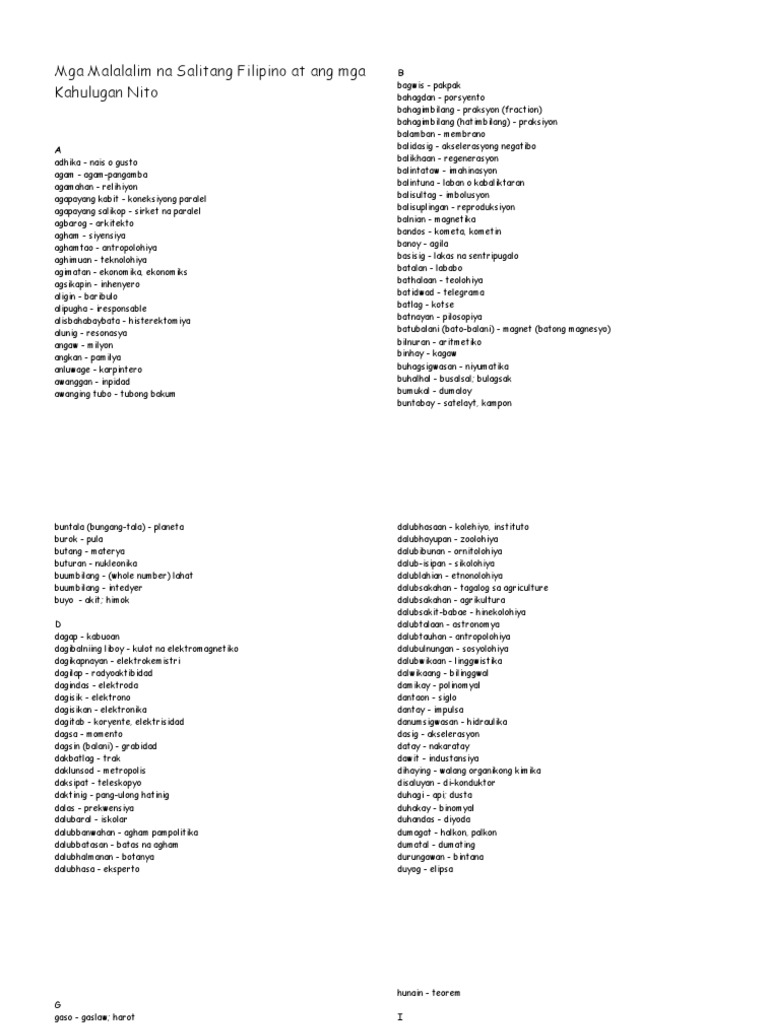 Mga Malalalim Na Salitang Filipino at Ang Mga Kahulugan Nito[1]