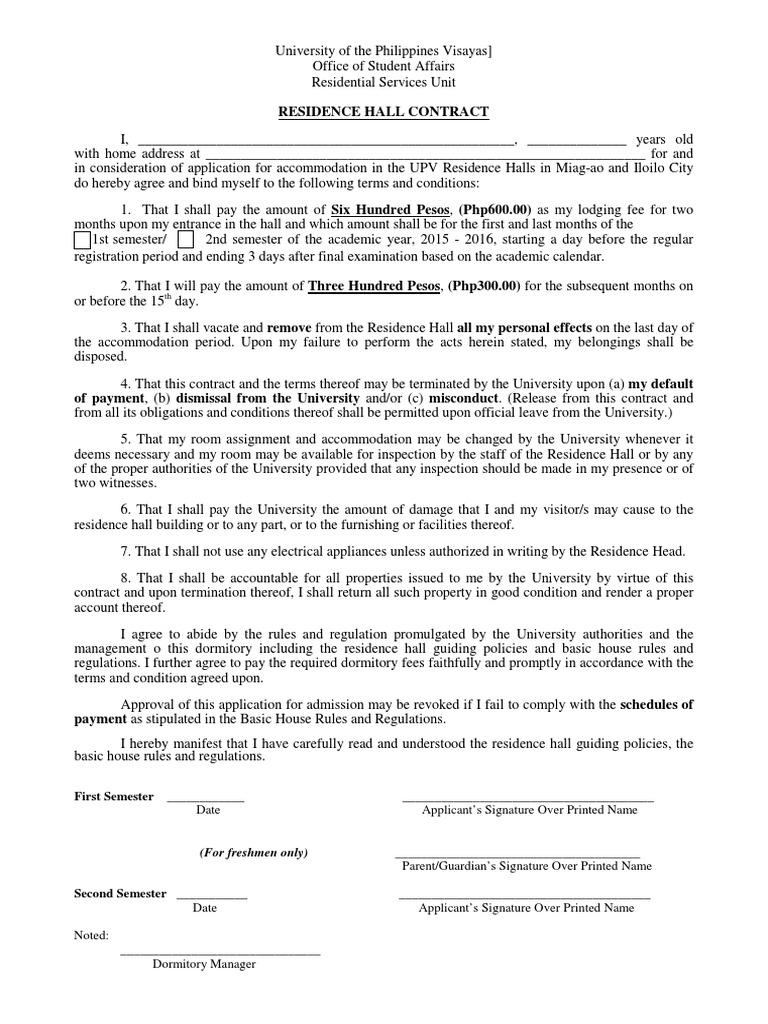 DORM Contract 1617 | PDF | Dormitory | Academic Term