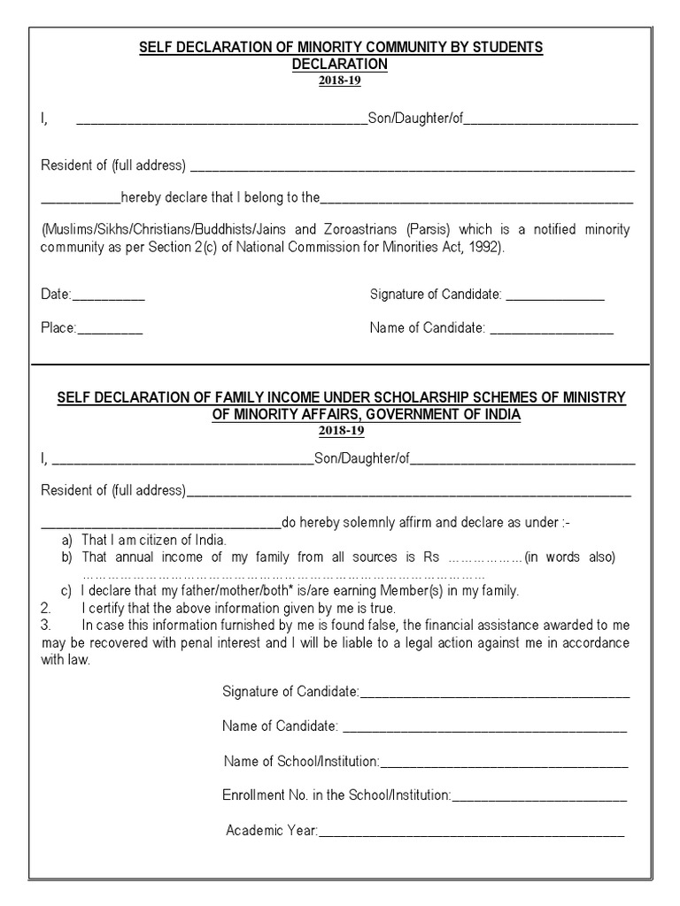 Self Declaration of Minority Community by Students Declaration | PDF ...