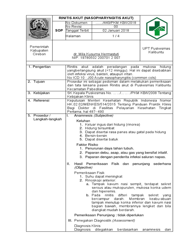 SOP Rinitis Akut (Nasopharyngitis) | PDF | Kesehatan Holistik | Sains & Matematika