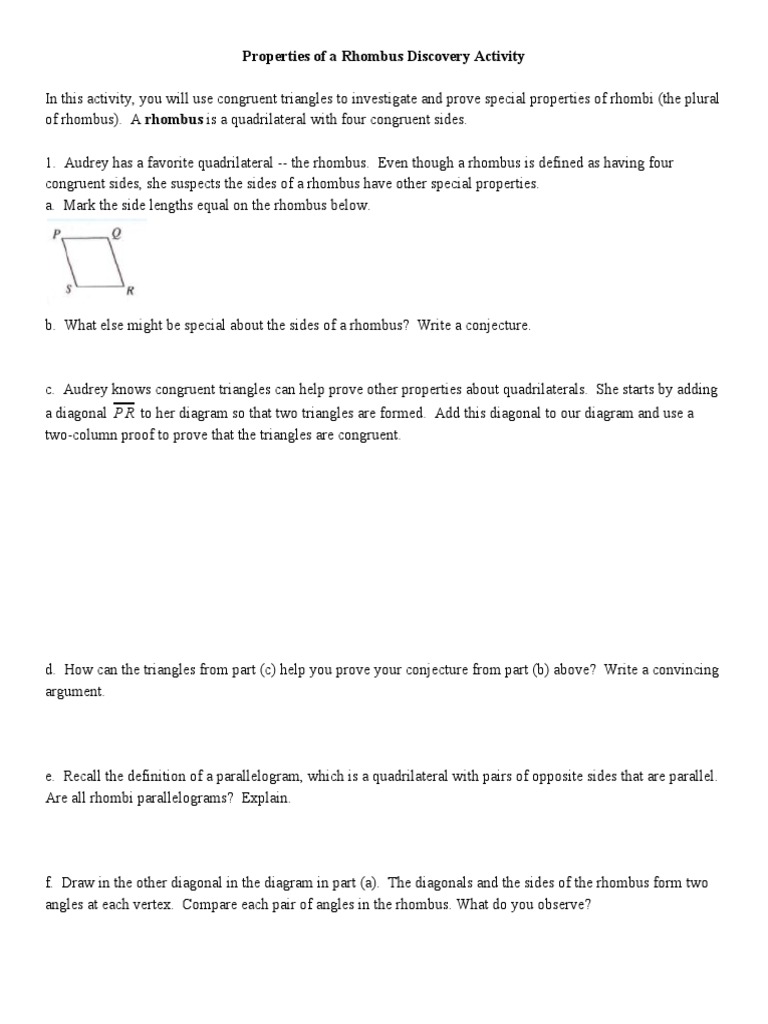 Exploring Rhombus Properties Activity | PDF | Language Arts ...