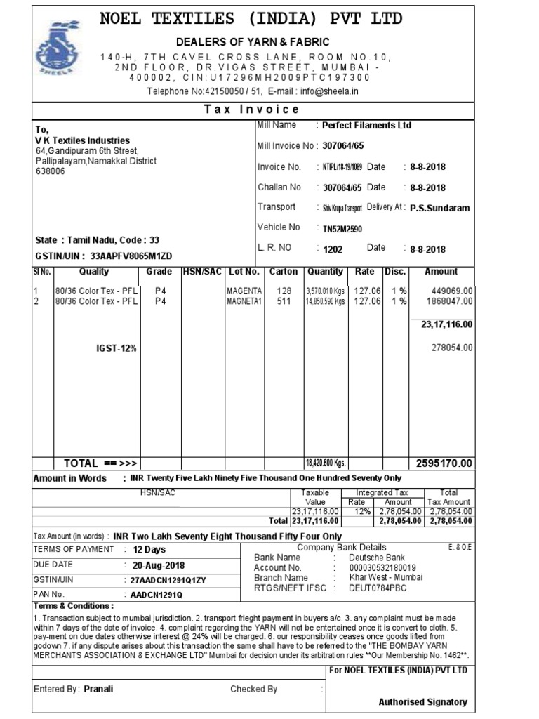 1089 V K Textiles Industries | PDF | Invoice | Services (Economics)