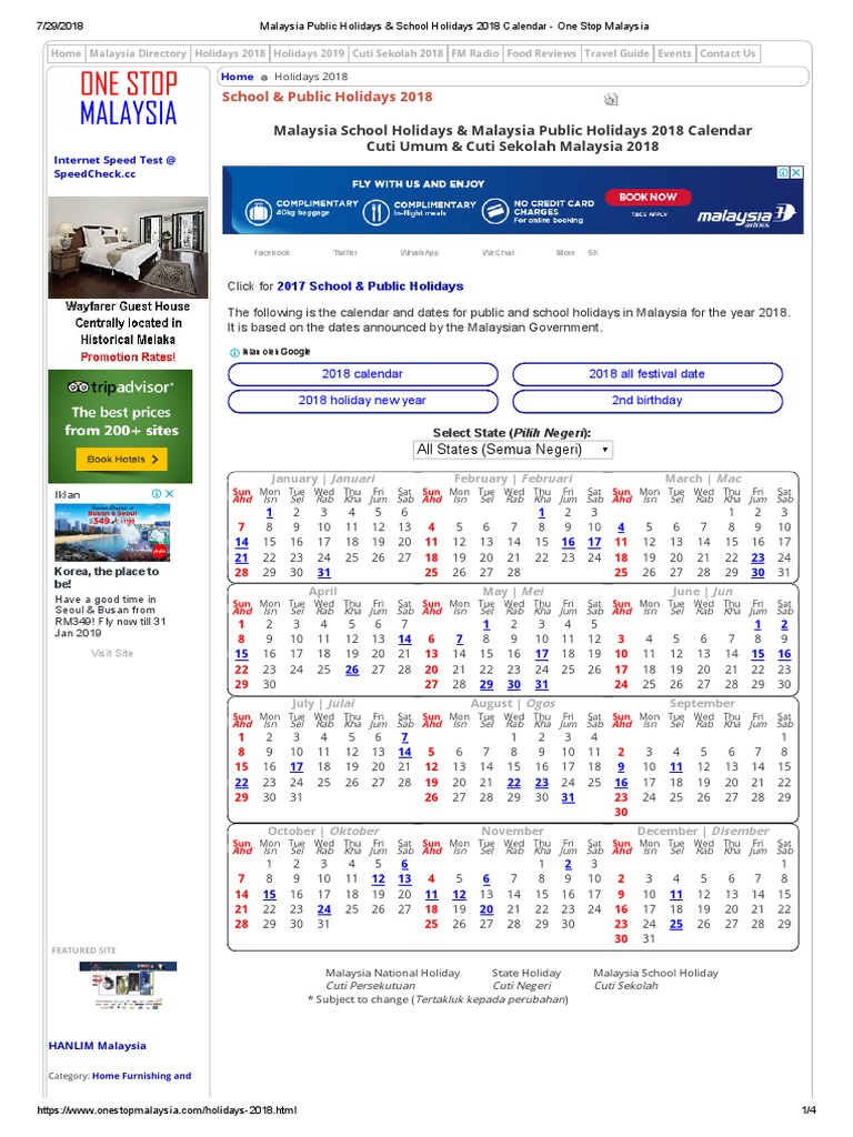 Malaysia Public Holidays & School Holidays 2018 Calendar - One Stop ...
