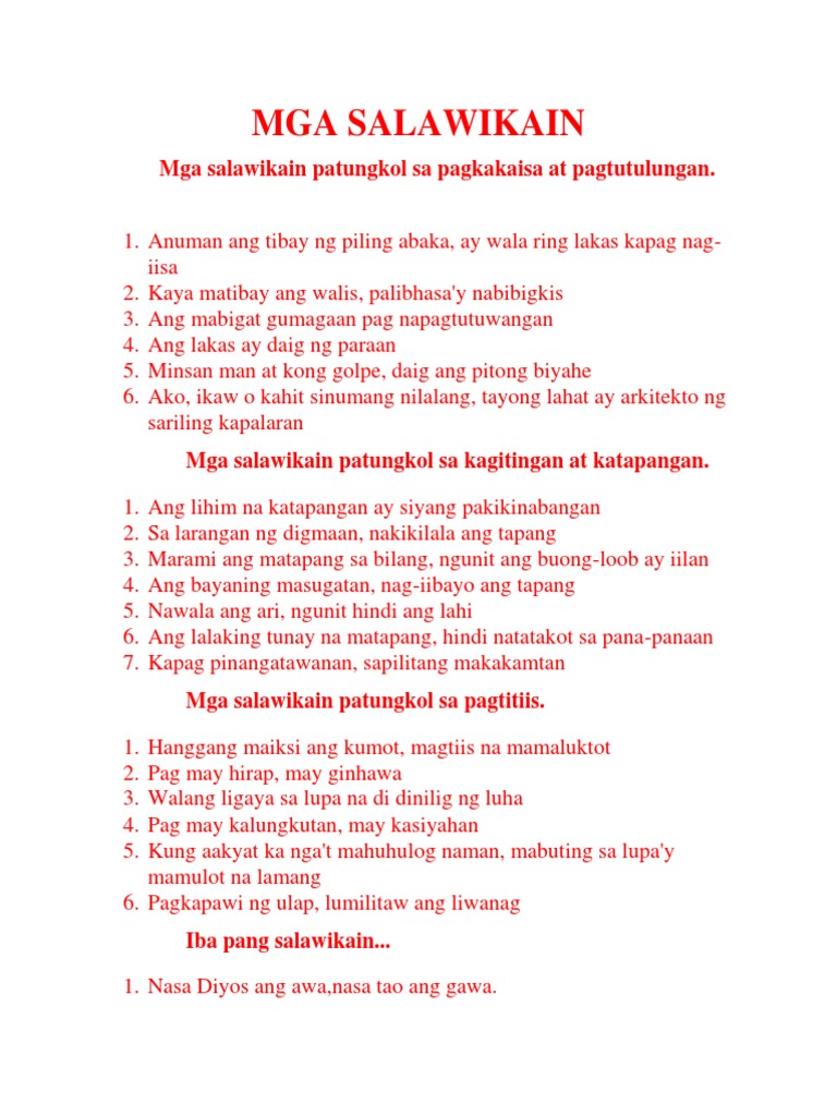 Halimbawa Ng Salawikain At Sawikain Maikling Kwentong Sawikain | PPT