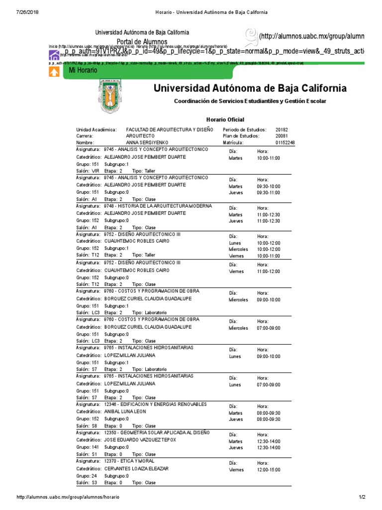 Horario Arquitectura UABC 2018 | PDF