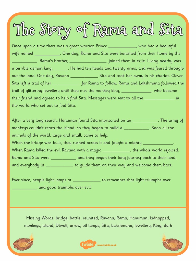 T2 R 115 The Story of Rama and Sita Cloze Worksheet