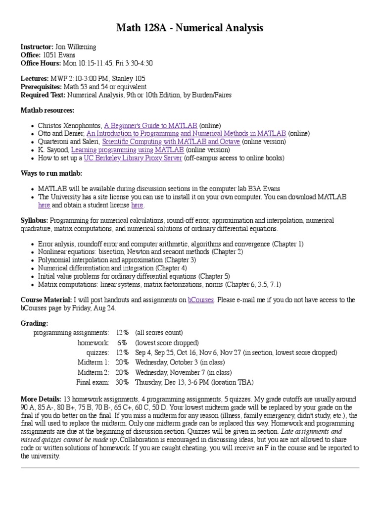 Math 128A - Numerical Analysis | PDF | Numerical Analysis | Algorithms And Data Structures