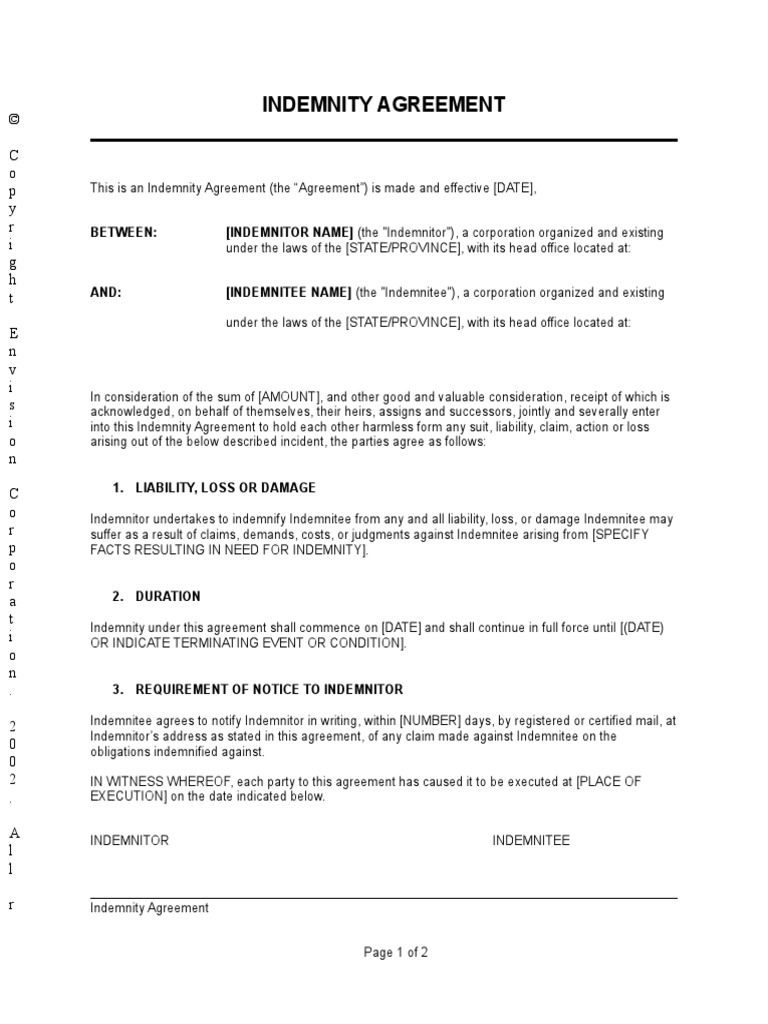 Indemnity Agreement | PDF | Indemnity | Civil Law (Legal System)