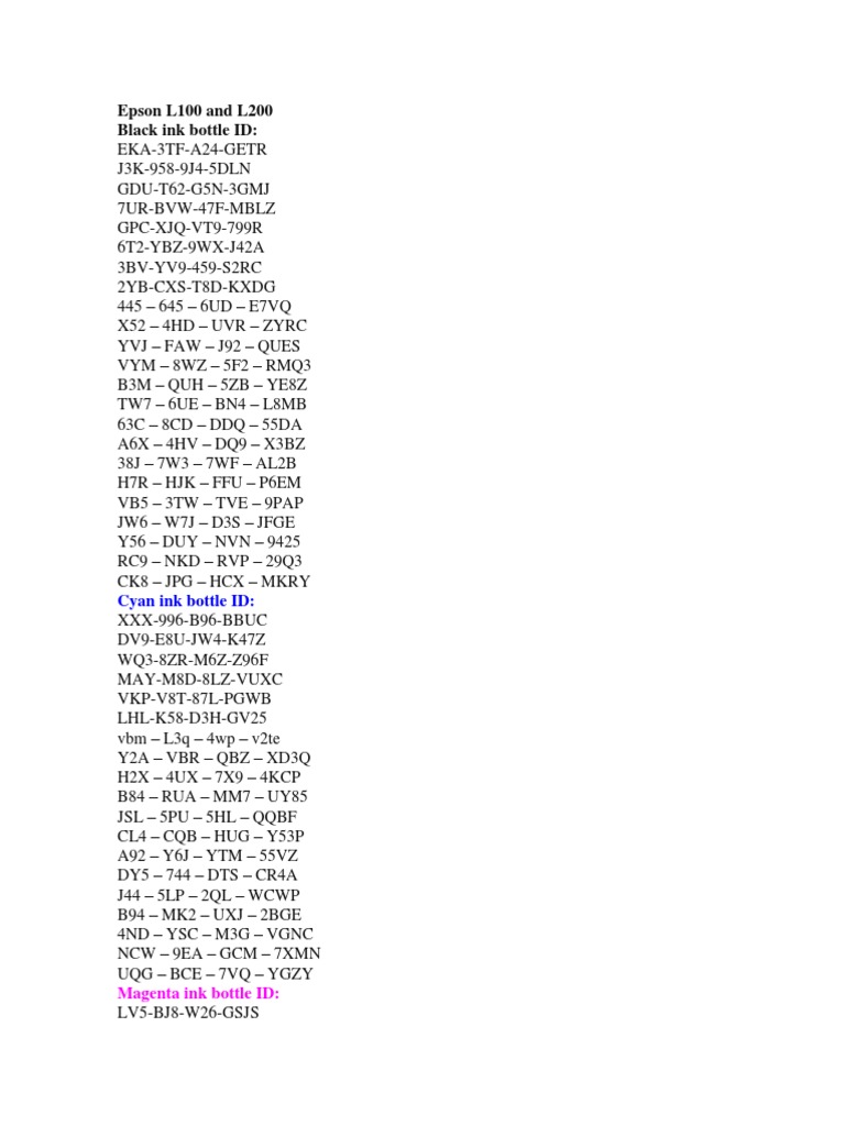 Epson L100 Ink Bottle IDs Guide | PDF | Color | Qualia