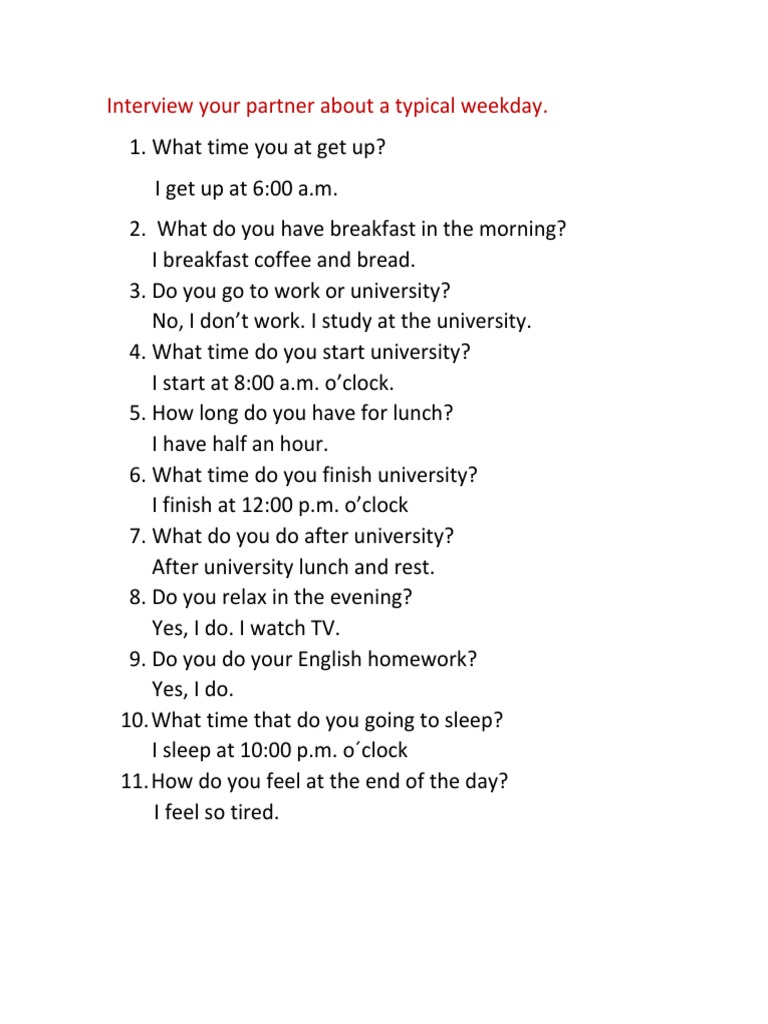 Interview Your Partner About A Typical Weekday | PDF