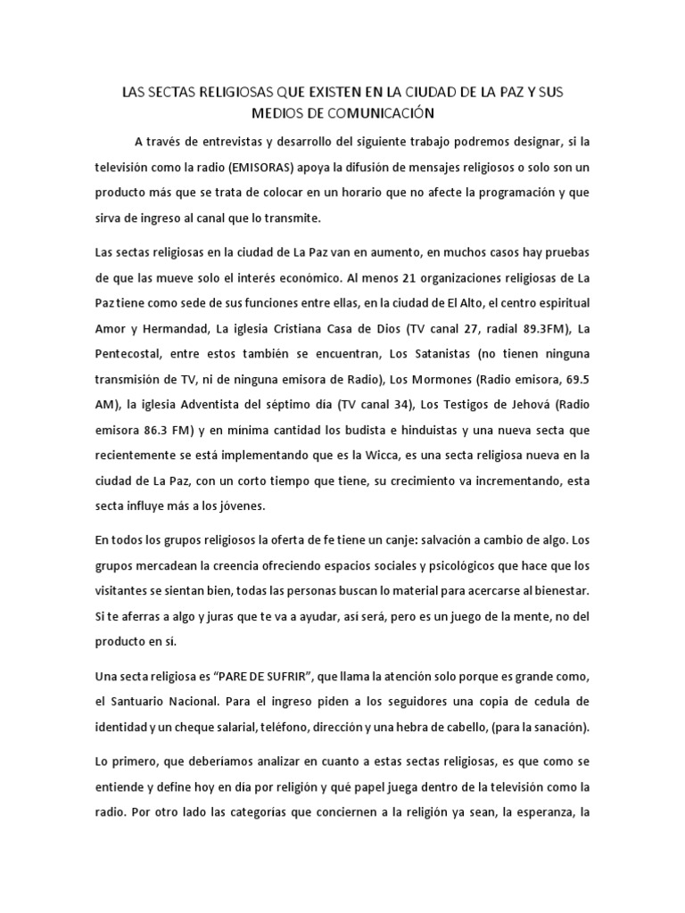 Las Sectas Religiosas Que Existen en La Ciudad de La Paz y Sus Medios ...