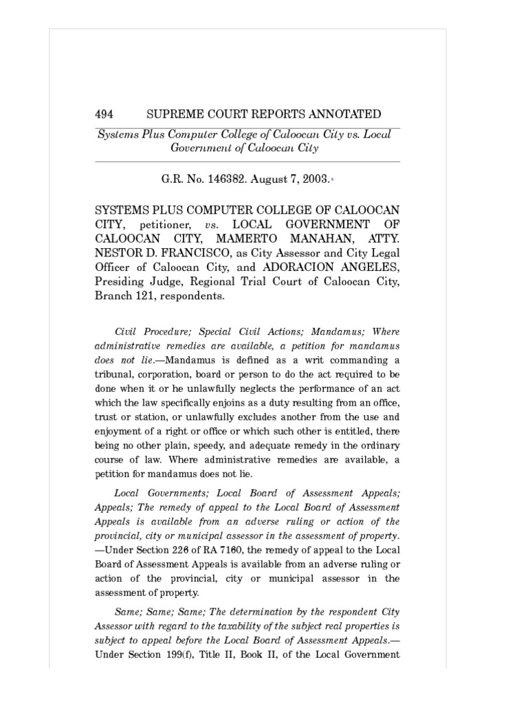 1 Systems Plus Computer College of Caloocan City vs. Local Government ...