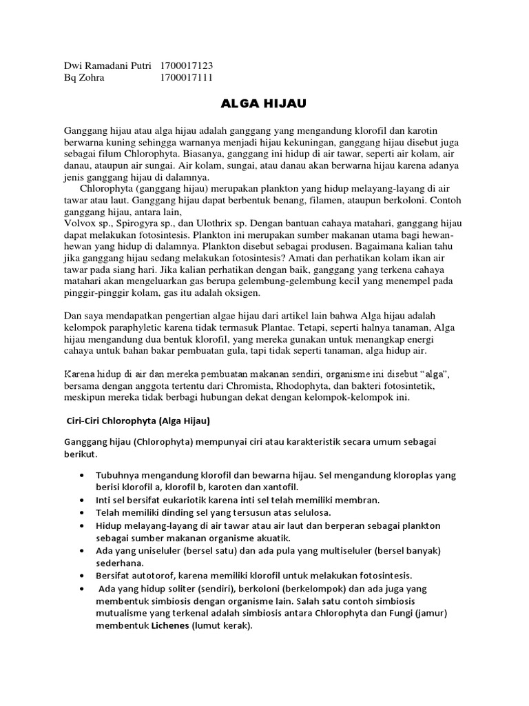 Ciri dan Reproduksi Alga Hijau | PDF
