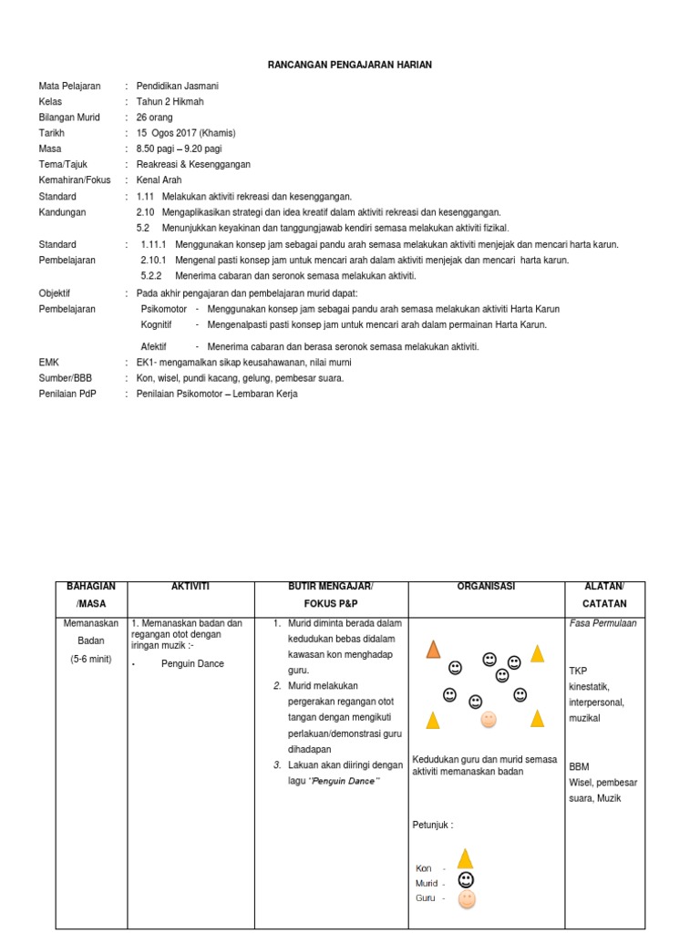 RPH PJ Tahun 2 Rekreasi Dan Kesenggangan Kenal Arah Jam | PDF