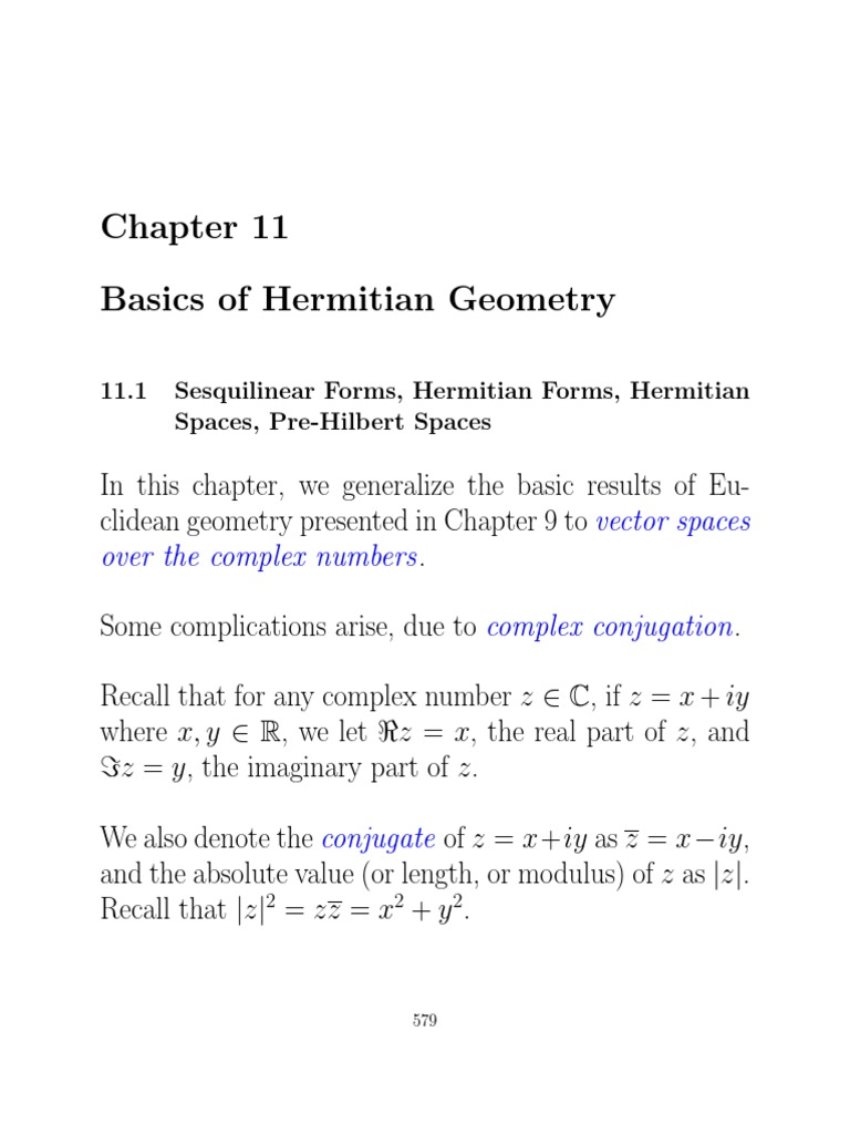 Basics of Hermitian Geometry: Vector Spaces Over The Complex Numbers Complex Conjugation | PDF ...