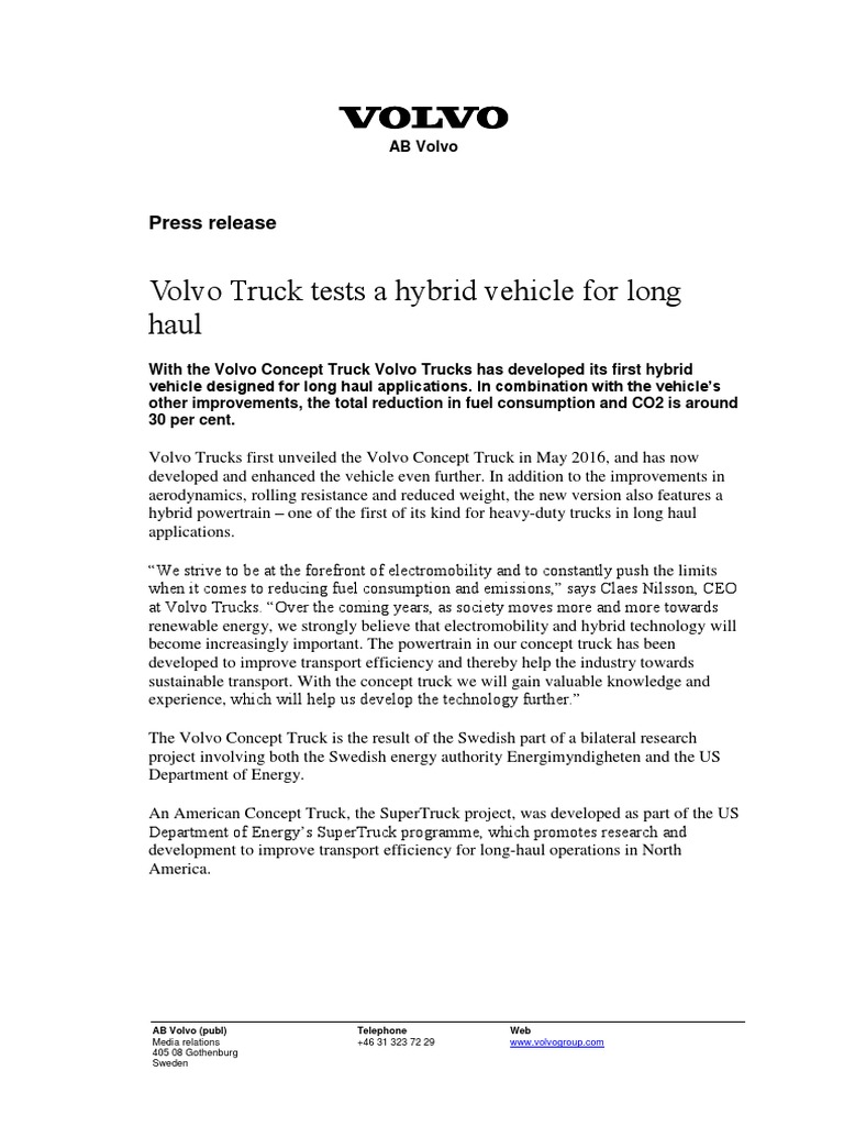 Volvo Truck Tests A Hybrid Vehicle For Long Haul: Press Release | PDF ...
