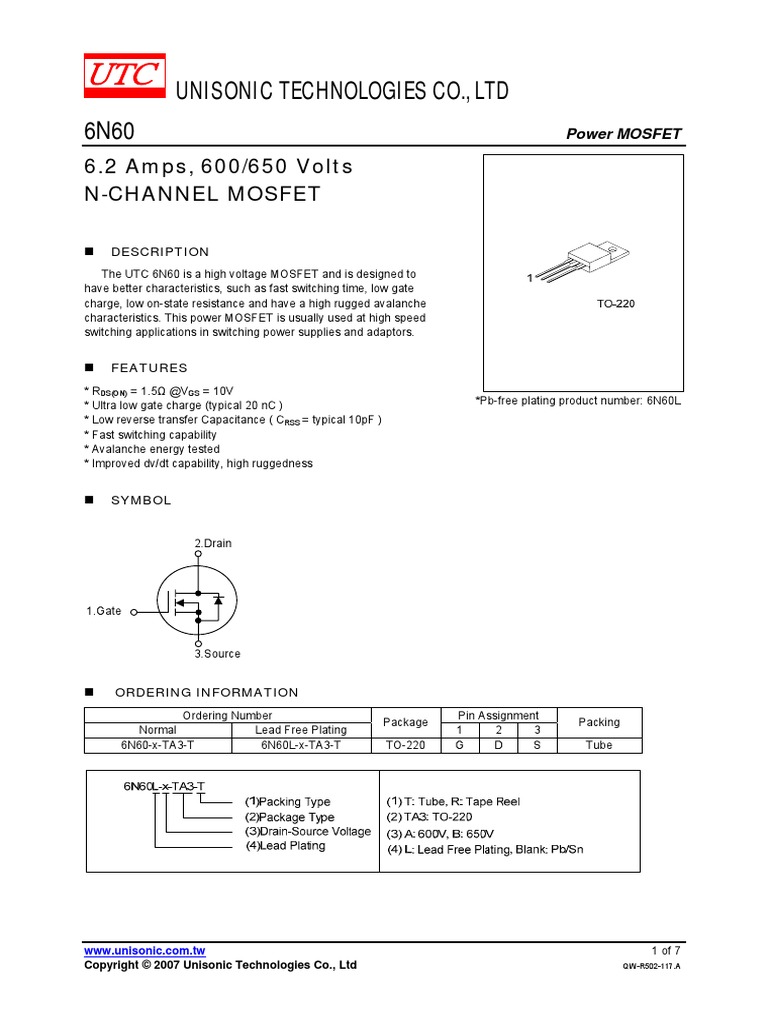 6N60 PDF | PDF | Mosfet | Semiconductors