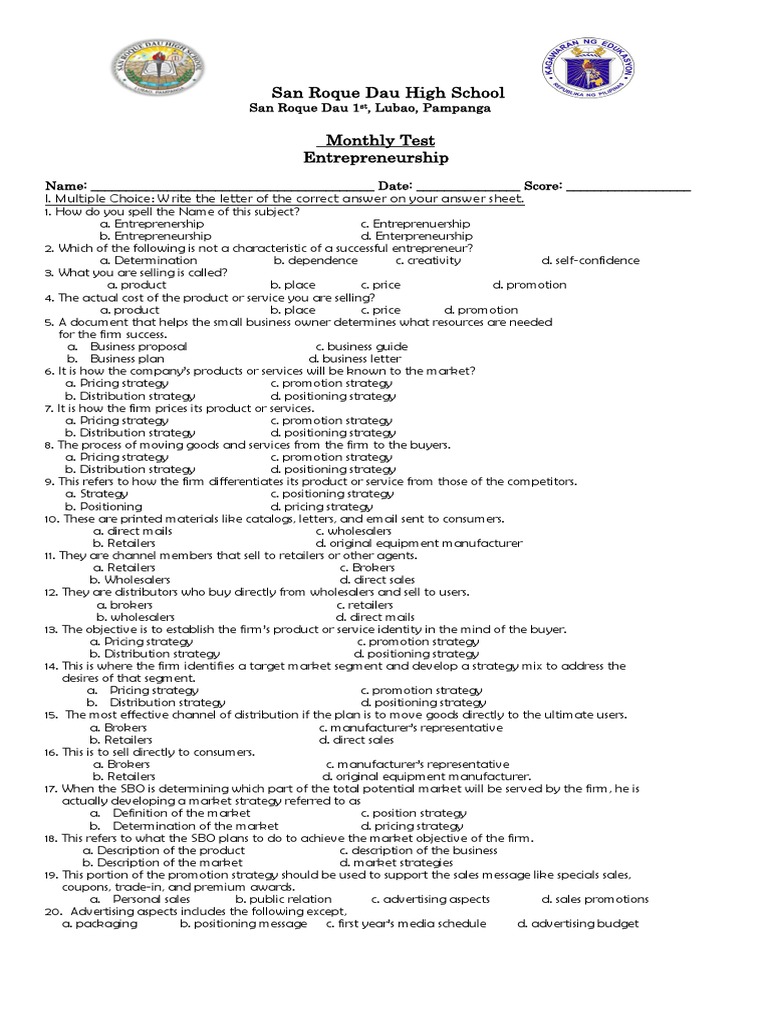 Entrep Exam | PDF | Pricing | Promotion (Marketing)
