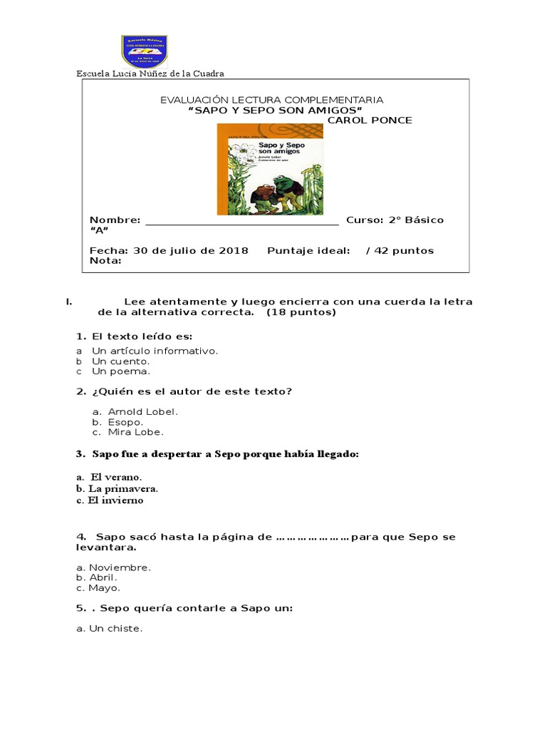 Prueba Sapo y Sepo Son Amigos | PDF | Ocio