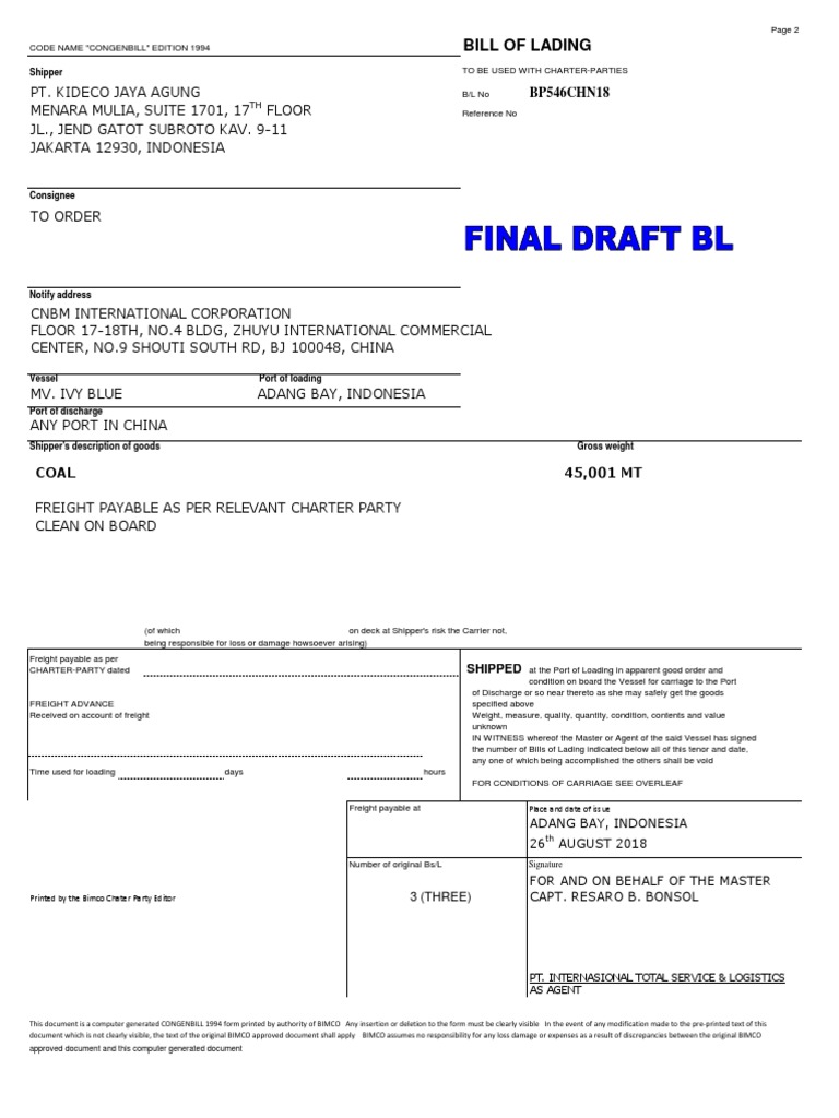 Final Draft BL Mv. Ivy Blue (CNBM International) 18.08.2018 | PDF ...