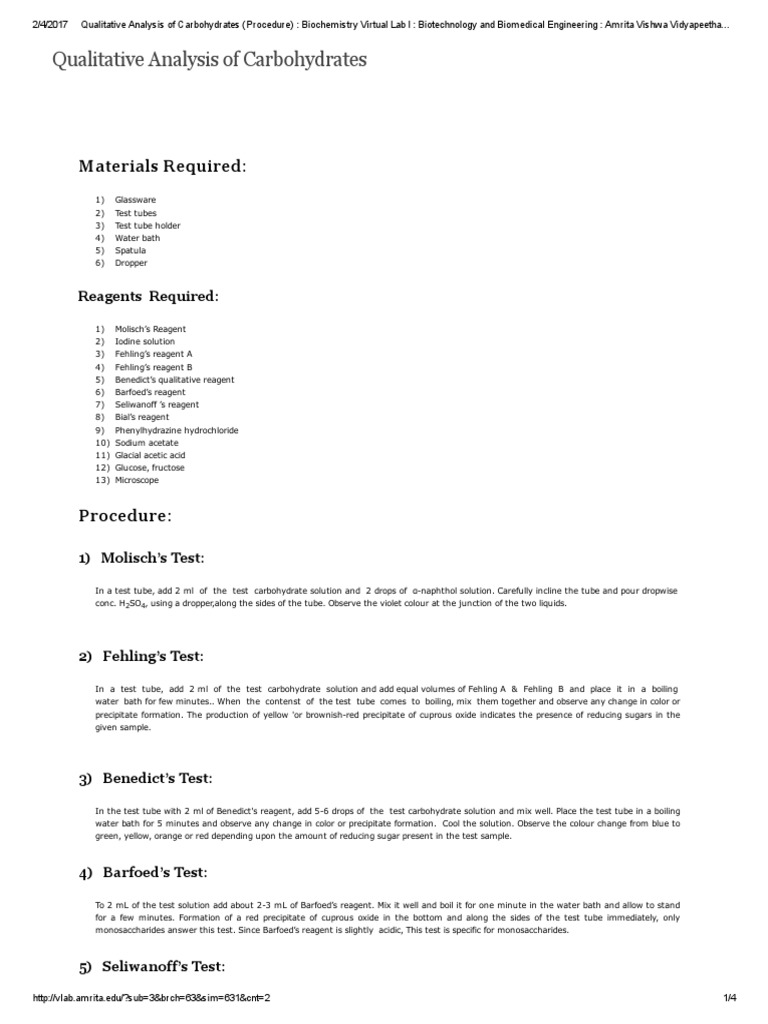 Qualitative Analysis of Carbohydrates: Materials Required | PDF ...