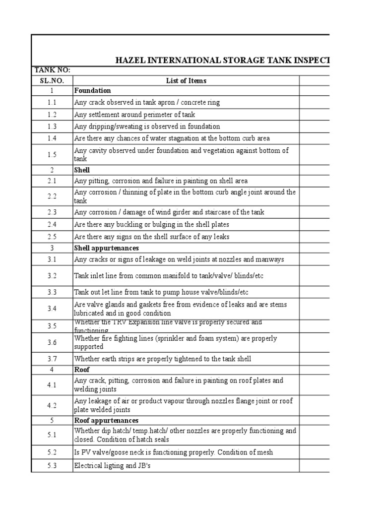 Hazel International Storage Tank Inspection Checklist: Tank No: SL - NO ...
