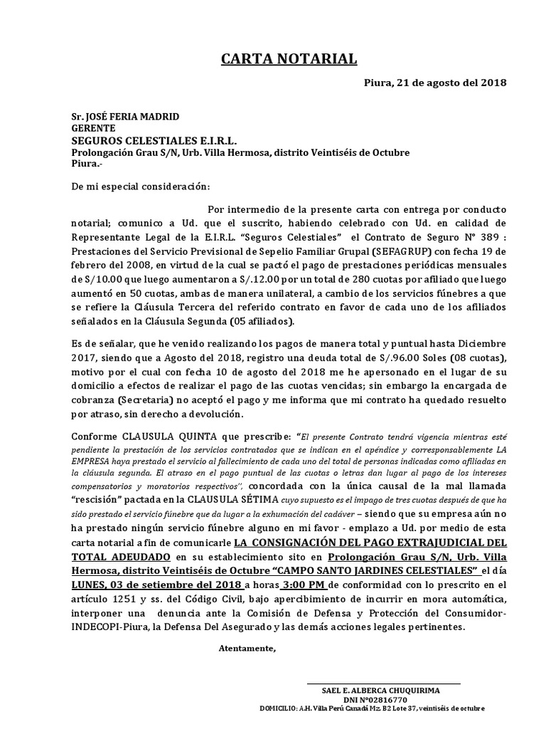Carta Notarial Sobre Pago Por Consignacion | PDF | Derecho civil ...