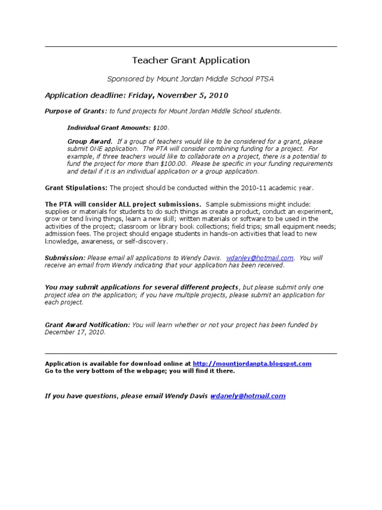 Teacher Grant Application | PDF | Teachers | University And College ...