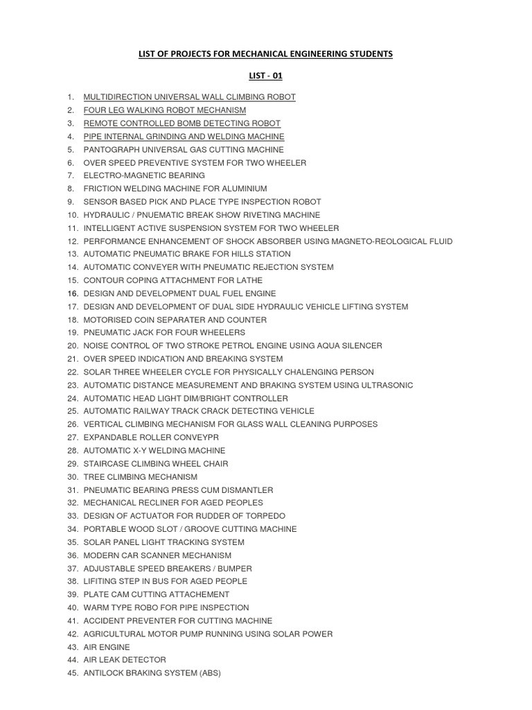 List of Projects For Mechanical Engineering Students LIST - 01 | PDF | Machines | Engines