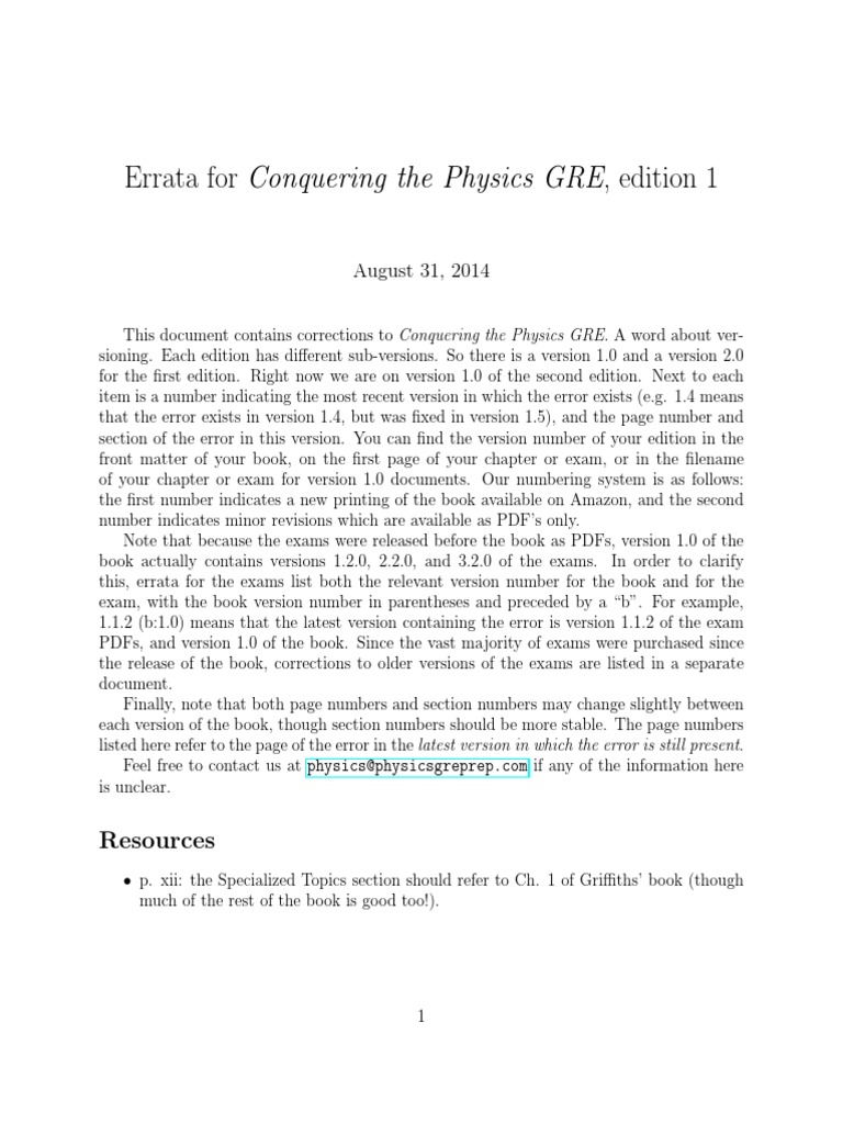Errata For Conquering The Physics GRE, Edition 1: Resources | PDF | Lagrangian Mechanics | Momentum