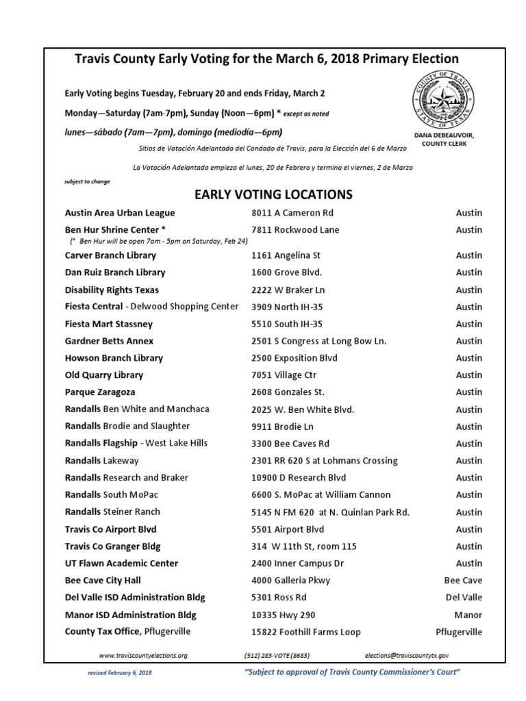 Travis County Early Voting For The March 6, 2018 Primary Election | PDF ...