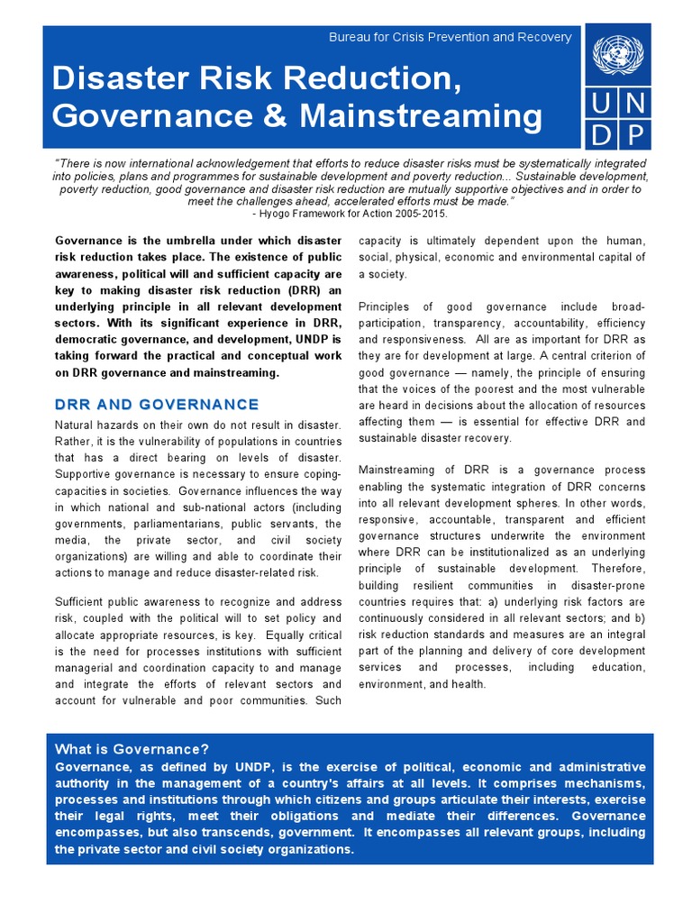 Disaster Risk Reduction, Governance & Mainstreaming: DRR and Governance ...