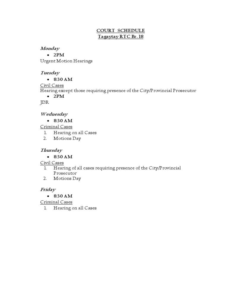 Tagaytay RTC Br. 18 Court Schedule | PDF