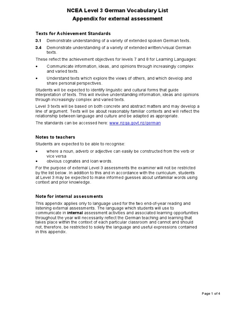 NCEA Level 3 German Vocabulary List Appendix For External Assessment ...
