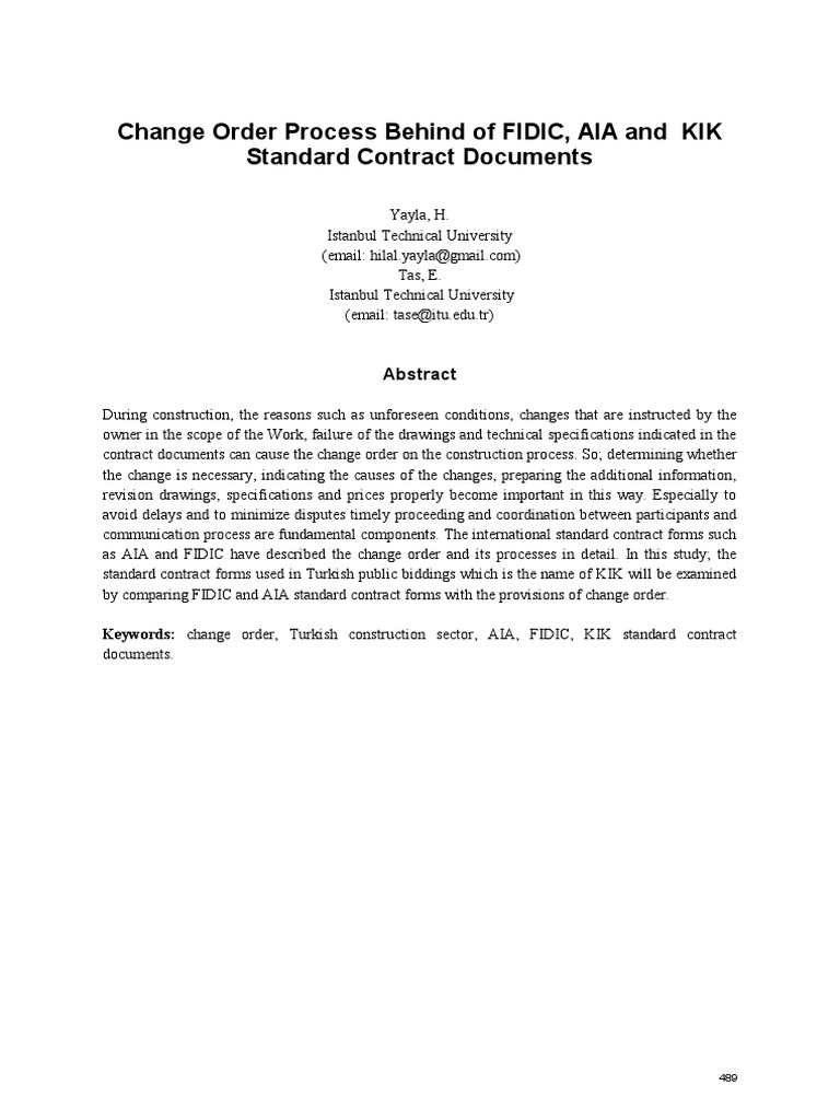 Change Order Process in FIDIC, AIA, KIK | PDF | Construction Bidding ...
