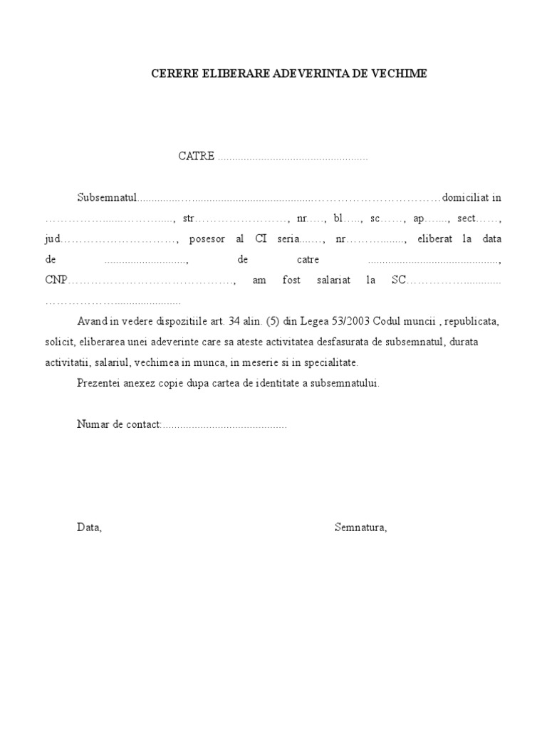 Cerere Eliberare Adeverinta de Vechime