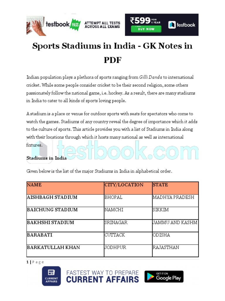 Sports Stadiums in India GK Notes in PDF | PDF | Delhi | Gujarat