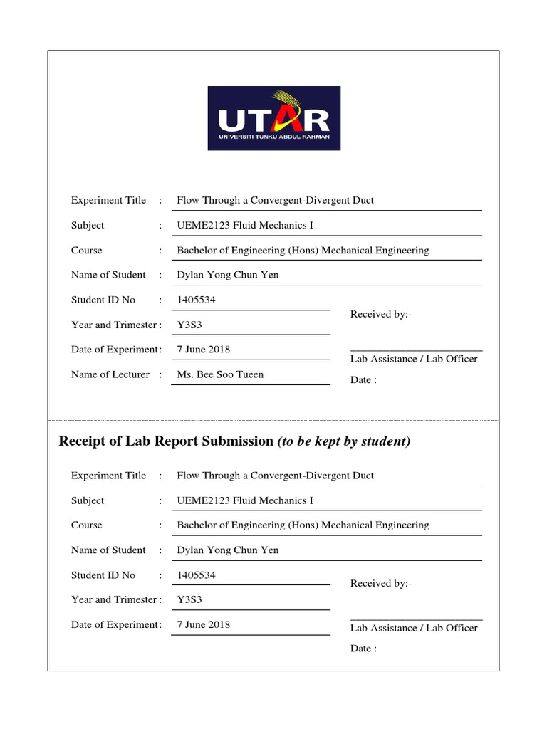 Receipt of Lab Report Submission (To Be Kept by Student) | PDF | Fluid ...