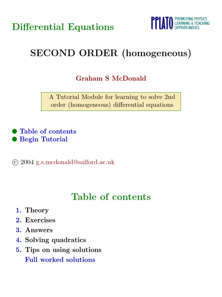 Second Order Homogeneous Differential Equations Tutorial | PDF ...